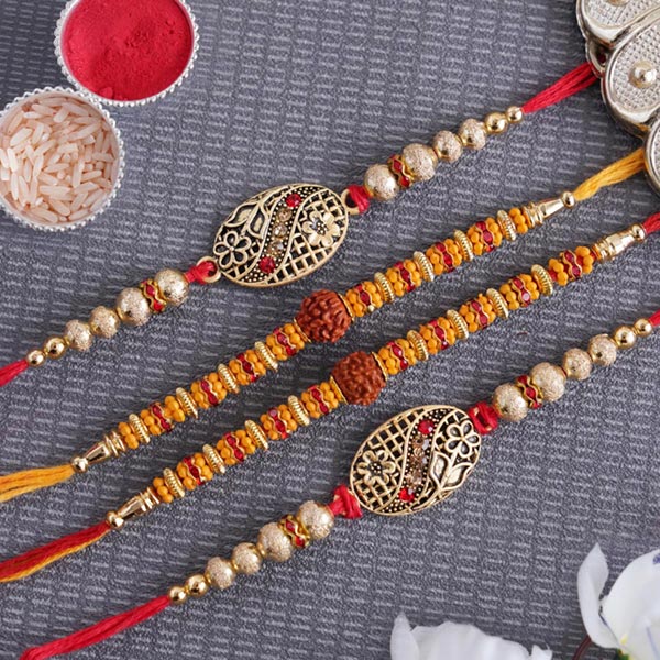 Send Antique and Rudraksha Rakhi (Set of Four) Online