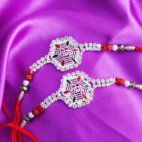 Send Two Designer Silver Rakhi Set Online