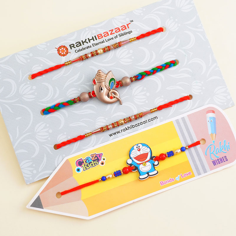 Send Four Rakhis with Chocolates N Cookies in Tray Online