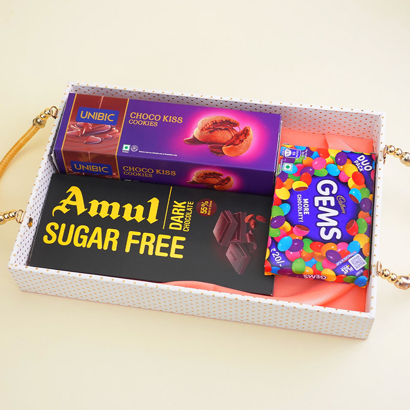 Send Four Rakhis with Chocolates N Cookies in Tray Online